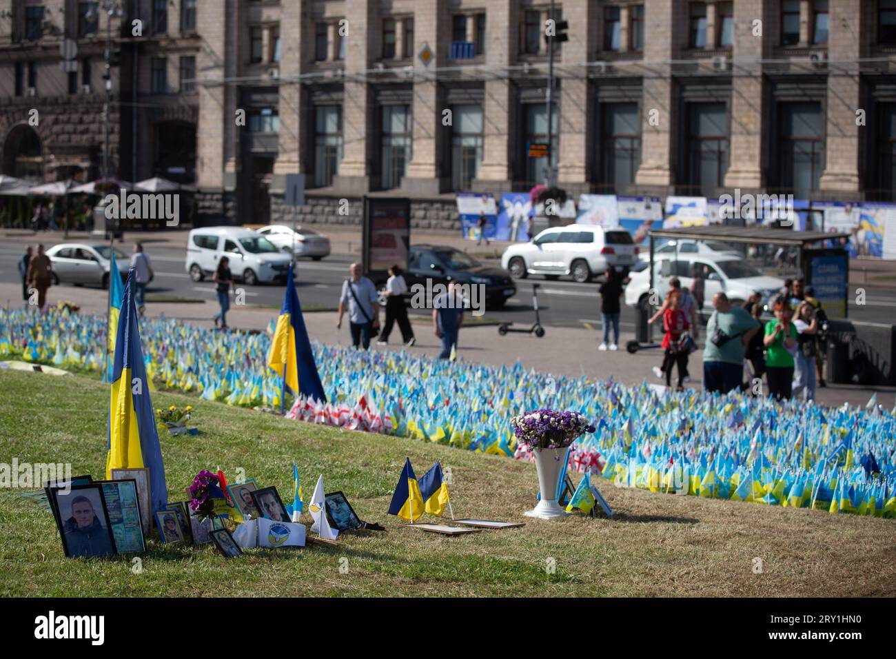 An improvised memorial site on Independence Square in Kyiv, where ...