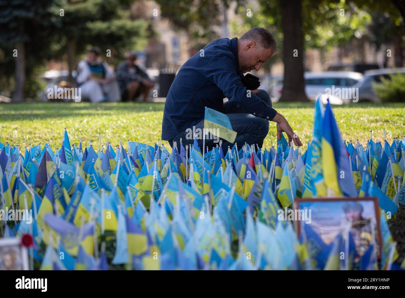 A man places a flag on an improvised memorial site on Independence ...