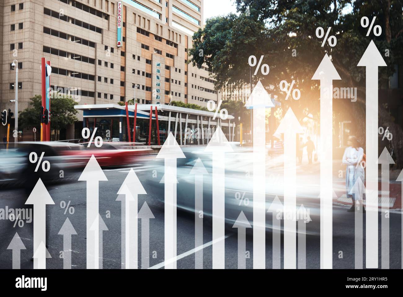 Chart, finance and overlay in city, increase and inflation with cost of ...