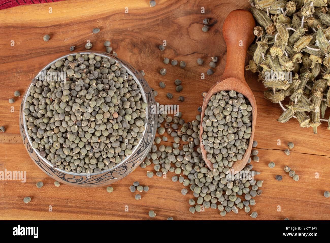 Okra seeds, large quantity of organic okra seeds. Detail of dried okra ...