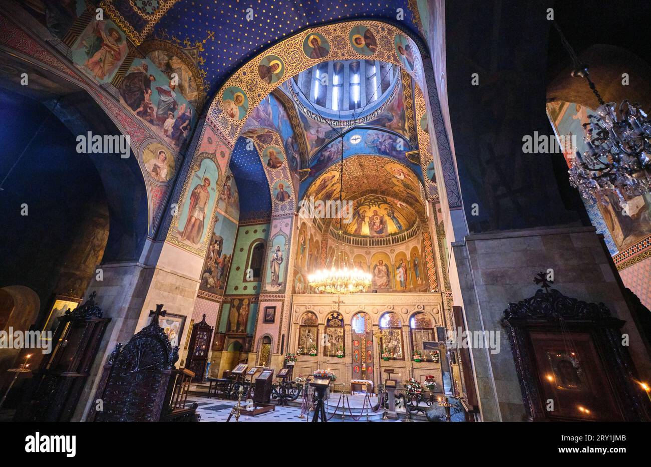Interior central apse, decorated in gold. At the historic, stone Zion ...