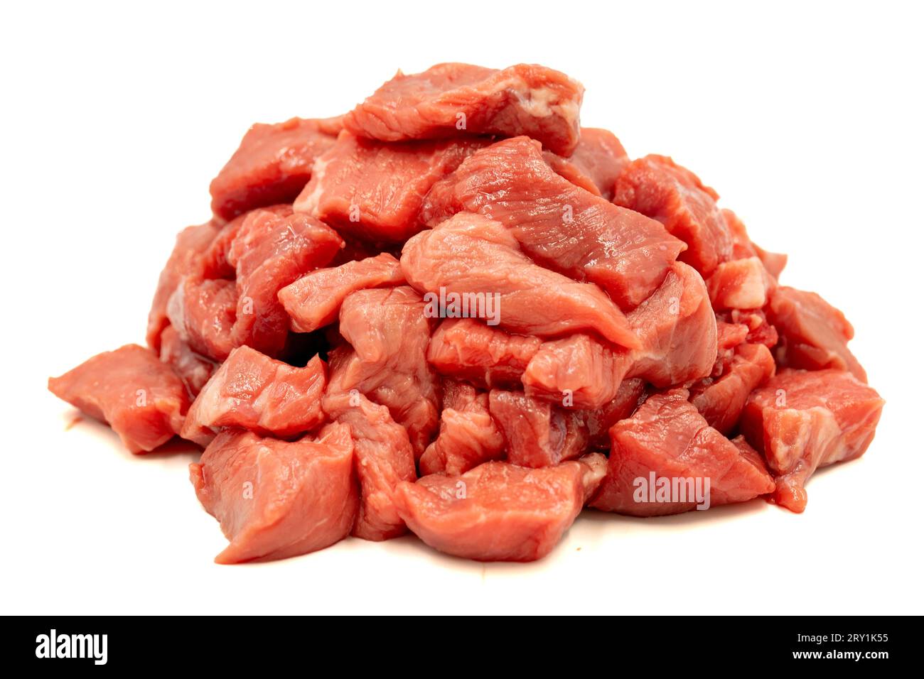Veal cubed meat isolated on white background. Raw beef cubed with herbs ...
