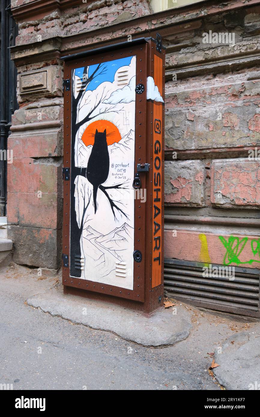 An electrical utility box with a black cat in a tree looking at the sun ...