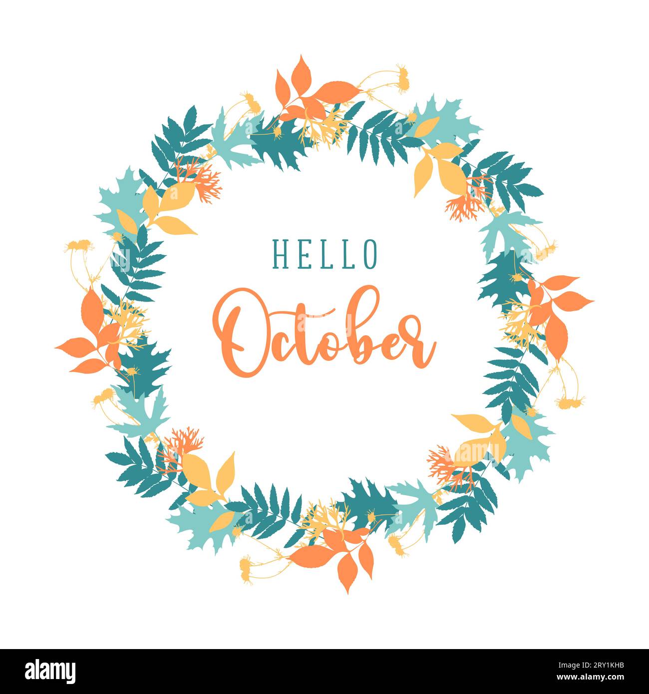Hello October wreath of autumn leaves , isolated, on white background ...