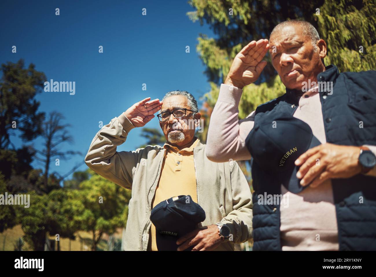 Salute, war veteran and men at cemetery to pay respect to fallen soldier outdoor at memorial ...