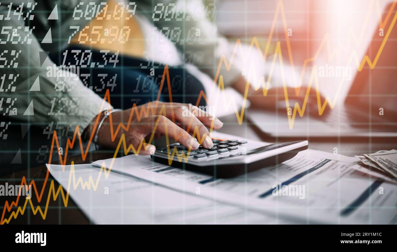 Overlay, calculator or hands with a laptop, document or stock market ...
