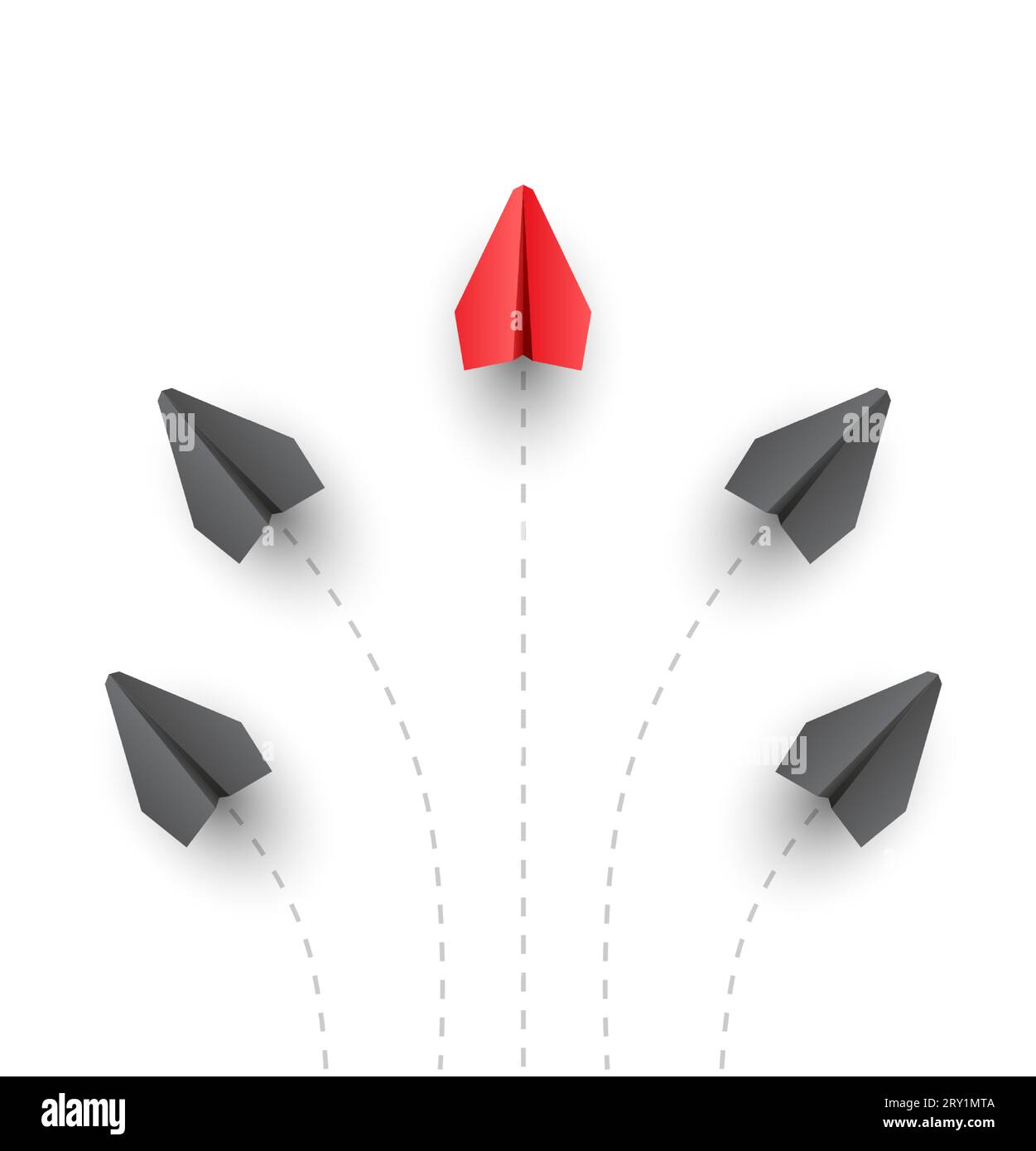 A vector illustration of a red paper plane leading a group of gray ...
