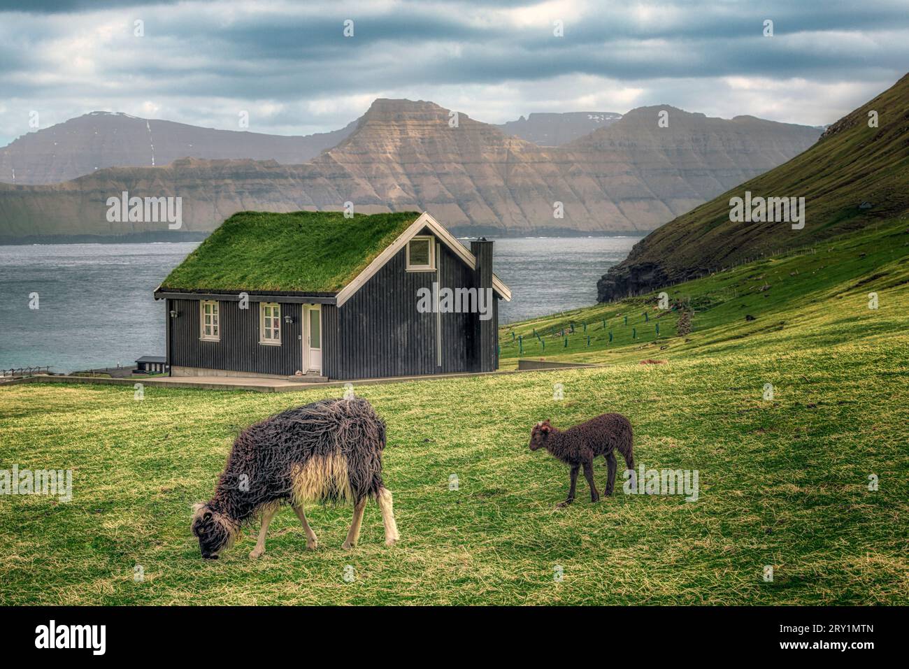 The village of Gjogv and its natural harbour in the Faroe Islands Stock ...