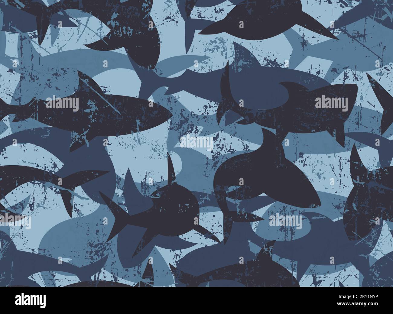 Grunge camouflage seamless pattern. Shark silhouettes. Navy color ...