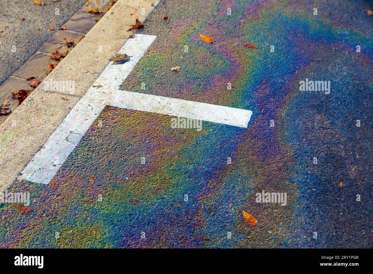 Traces of a fuel leak on the pavement Stock Photo - Alamy