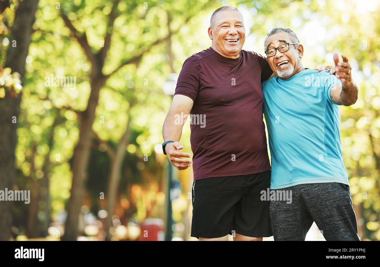 People, retired and workout for wellness in closeup at park in embrace ...