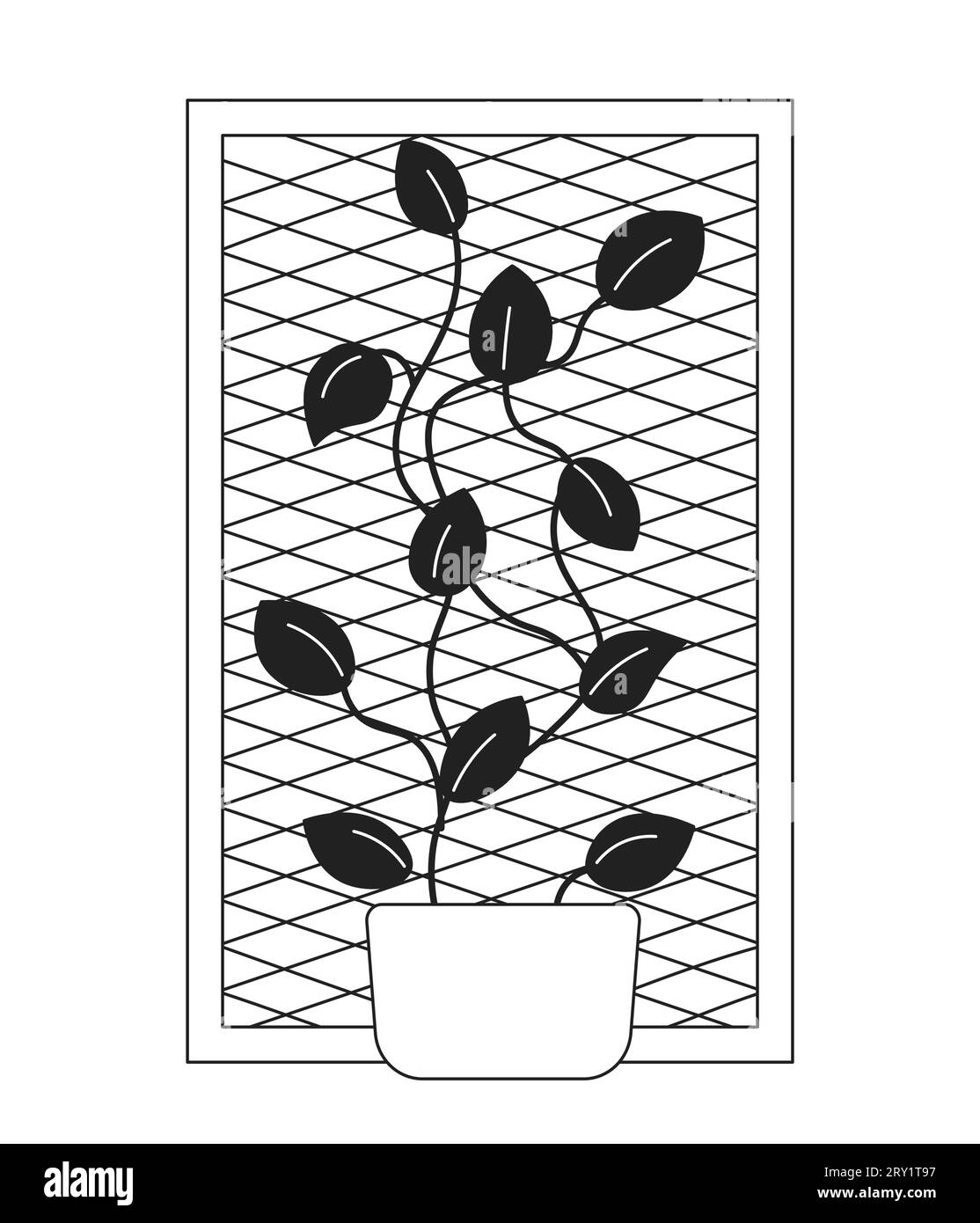 Climbing plant on grid frame black and white 2D cartoon object Stock ...