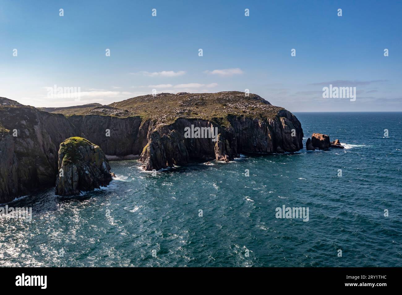 Aerial view of cliffs and sea stacks on Owey Island, County Donegal ...