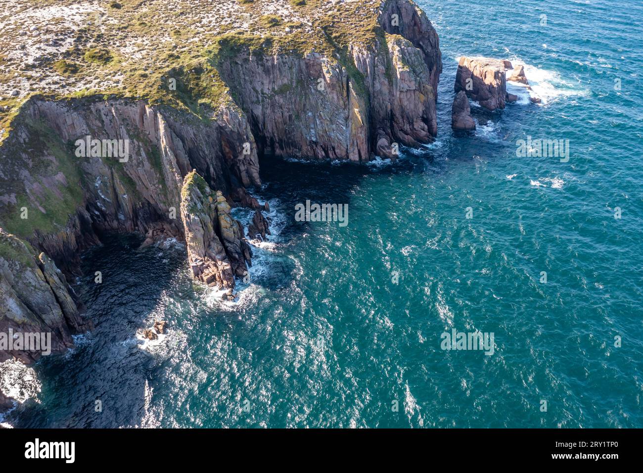 Aerial view of cliffs and sea stacks on Owey Island, County Donegal ...