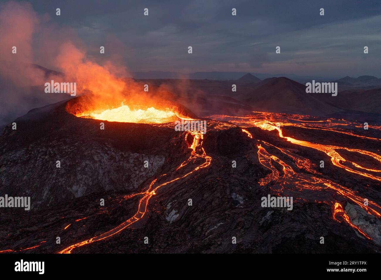 Iceland, Reykjanes Peninsula, aerial view of the eruption of the ...
