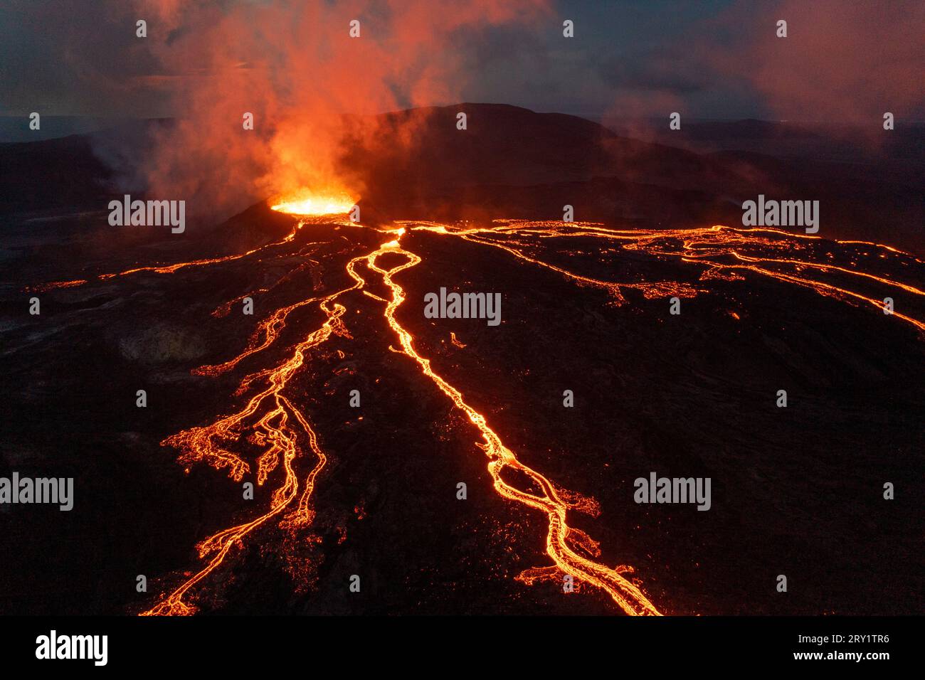 Iceland, Reykjanes Peninsula, aerial view of the eruption of the ...