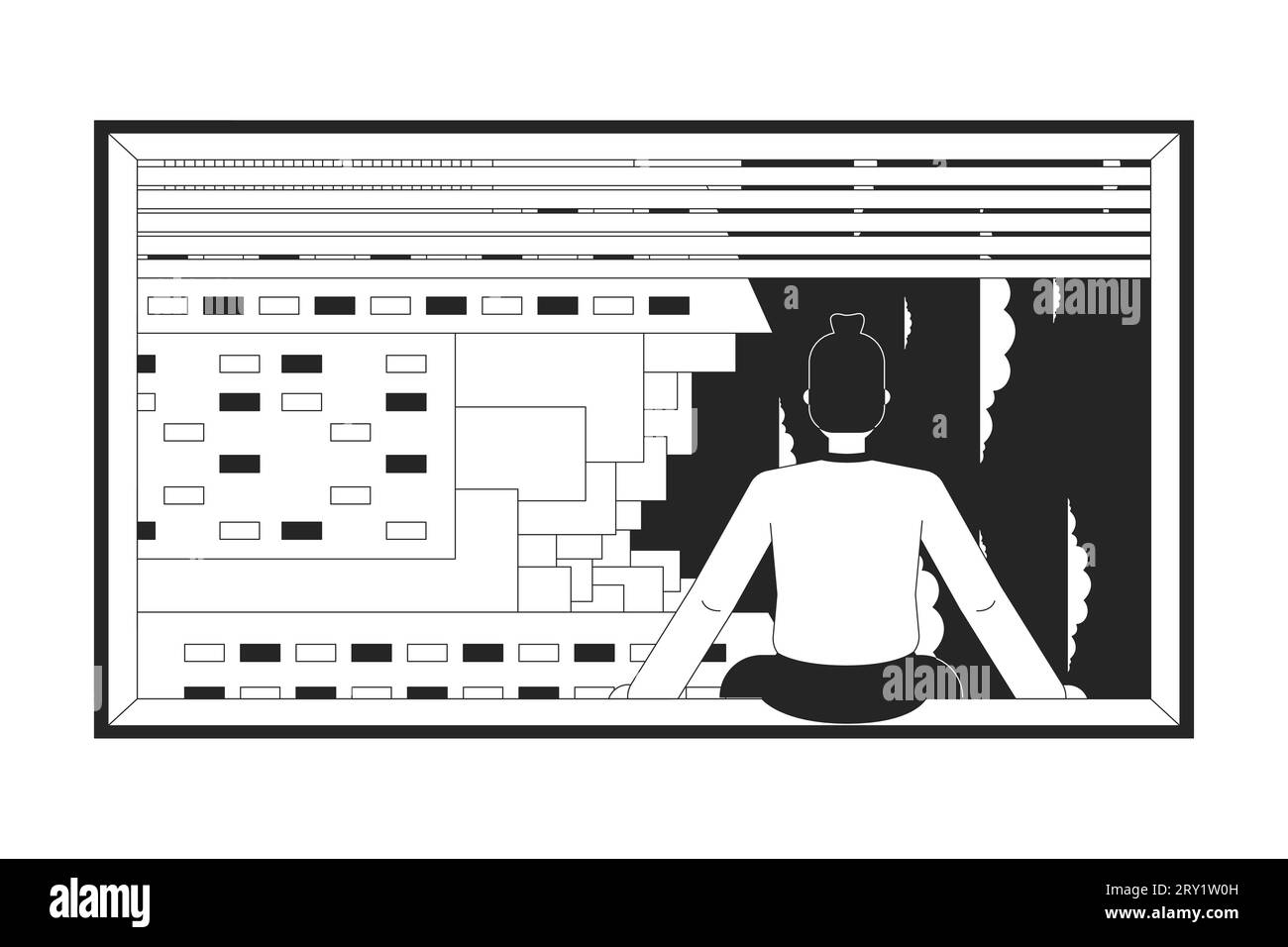 Sitting on reversed window man watching back view black and white 2D ...