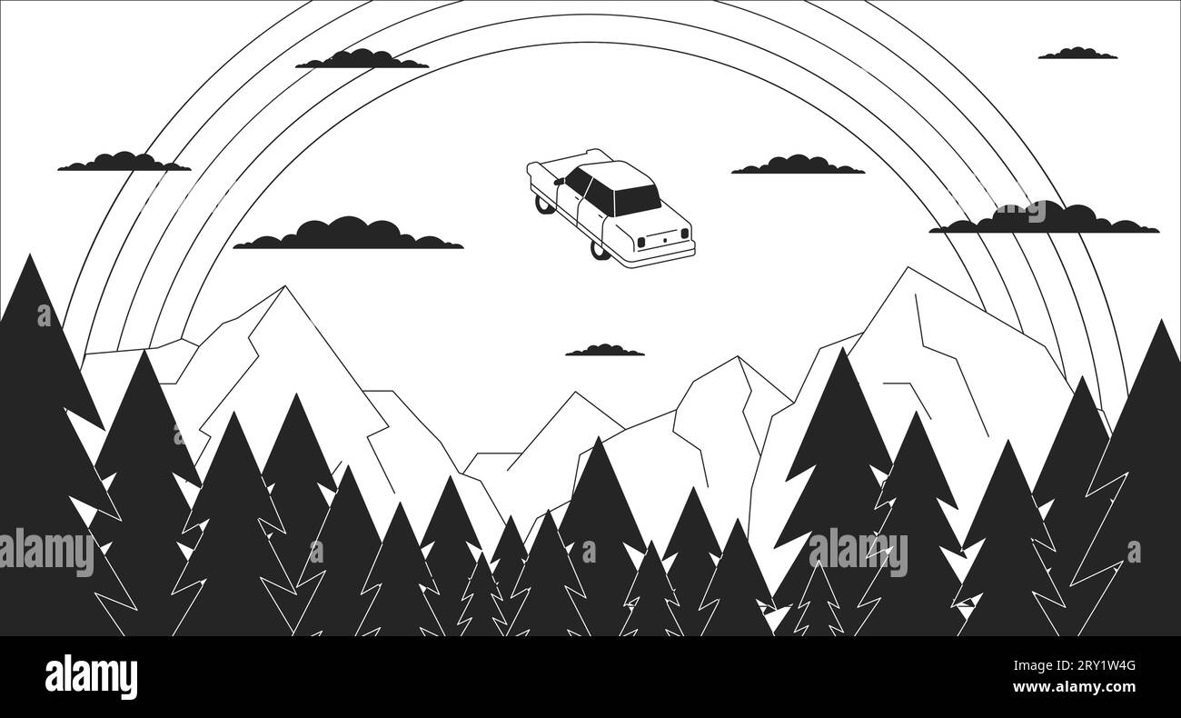 Psychedelic flying car in rainbow sky black and white 2D illustration ...