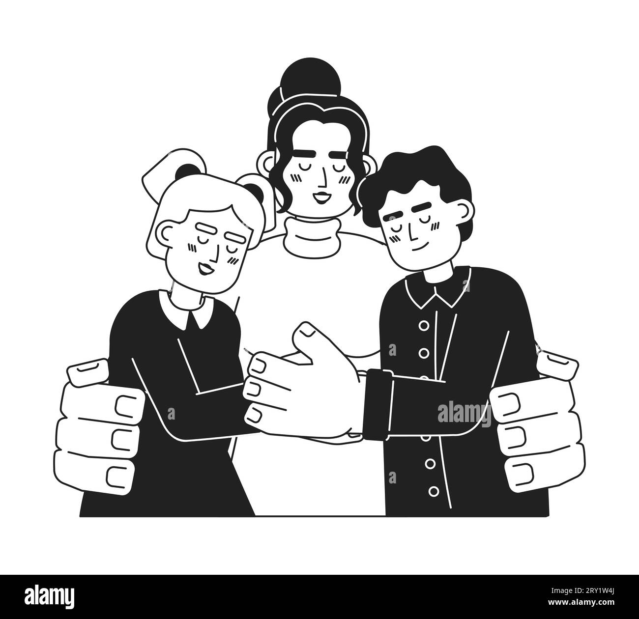 Hispanic mom hugging children black and white 2D cartoon characters ...