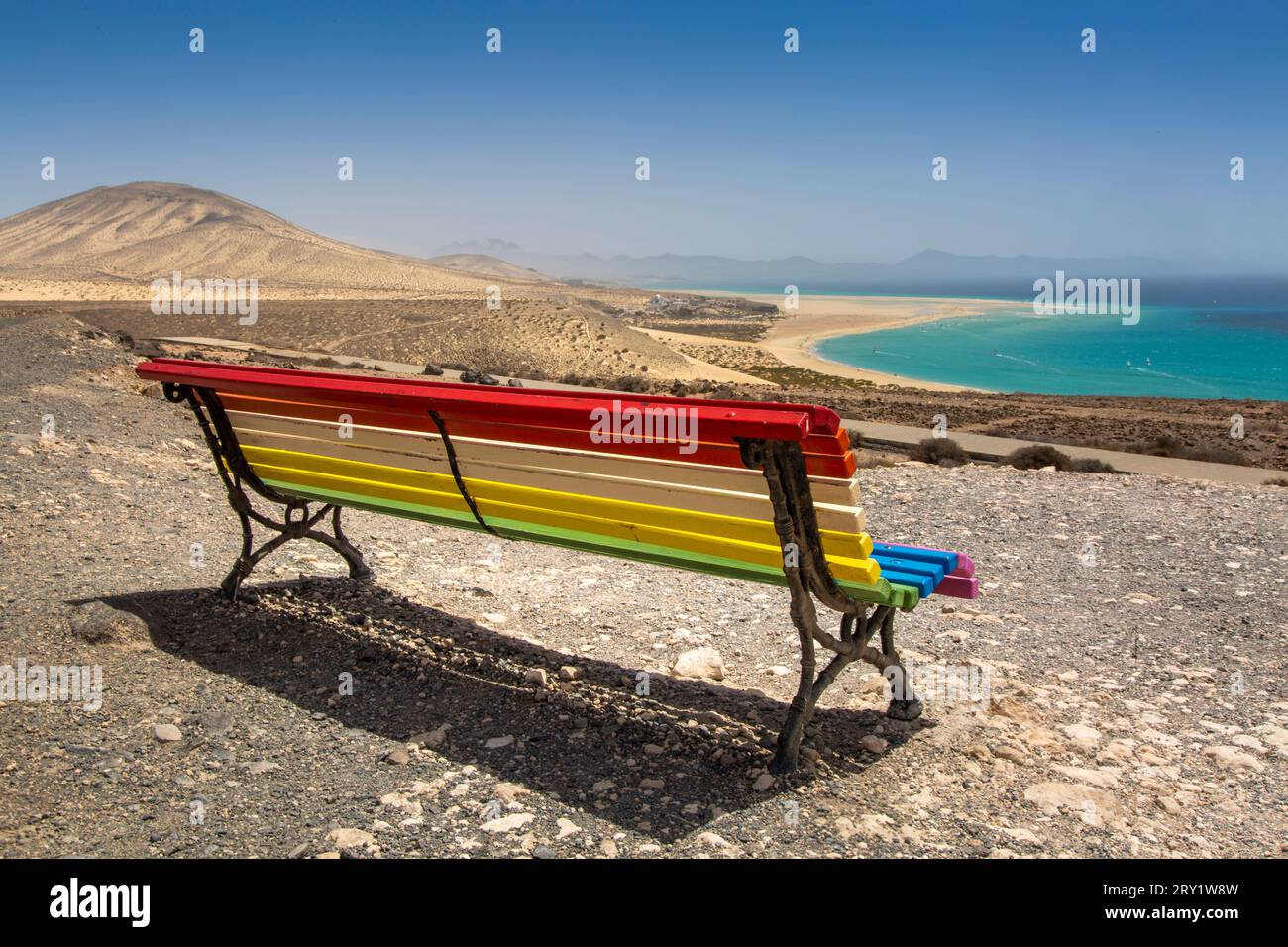 Europe, Espagne, Canary Island, Fuerteventura.Colorful bench. Sotavento ...