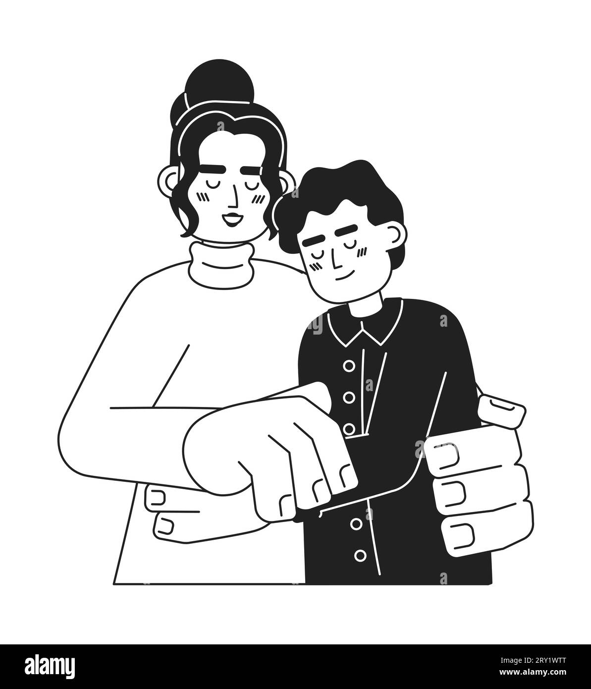 Latino mom teen son hugs black and white 2D cartoon characters Stock ...