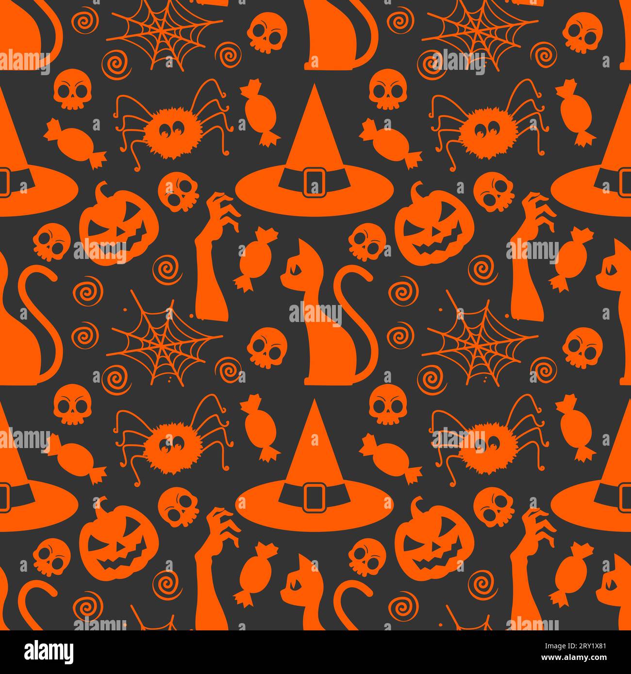 Halloween seamless patter with orange witch hat and spider on black ...