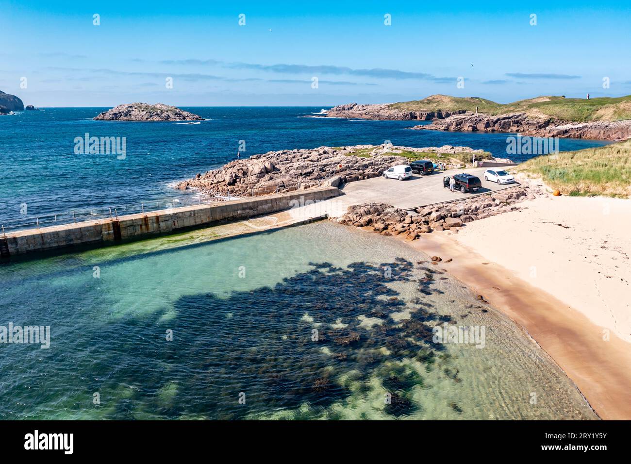 Aerial view of the north west pier on Cruit Island, Tobernoran, bay ...
