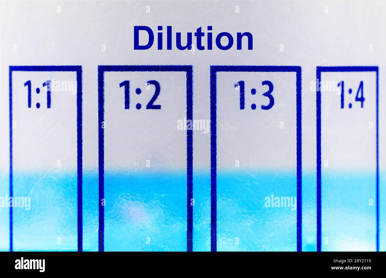 Close up a dilution ratio label of concentrated liquid chemicals on ...