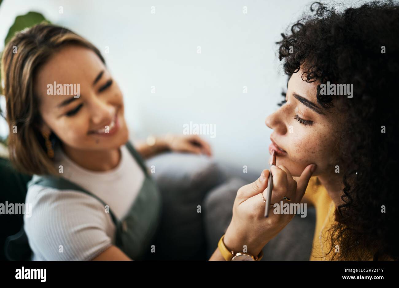 Friends, woman and relax with makeup in home with closeup for cosmetics ...