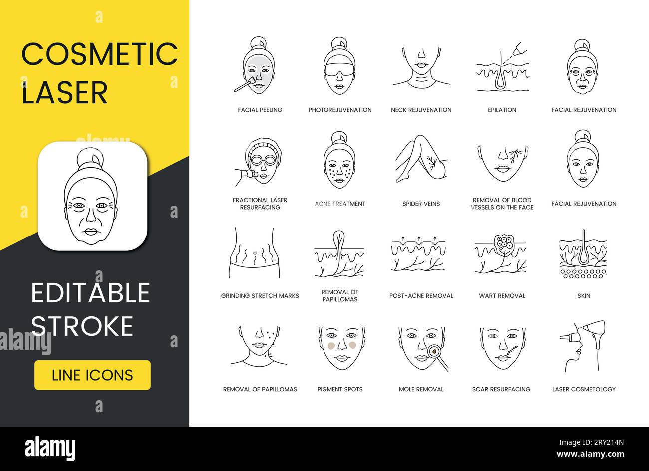Laser cosmetology icons set vector line, editable stroke, post-acne ...