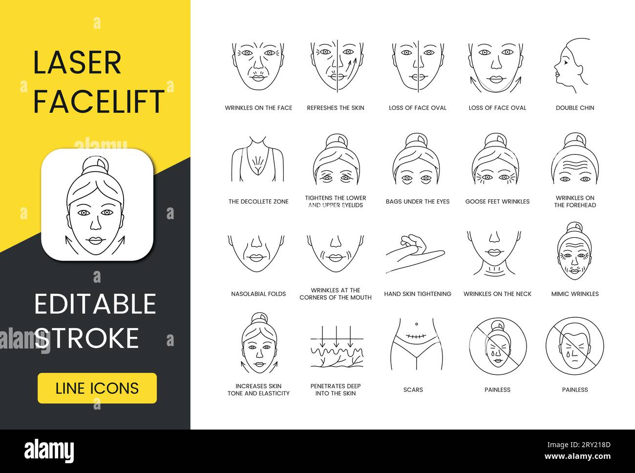 Laser cosmetology set of icons thermolifting line vector, editable ...