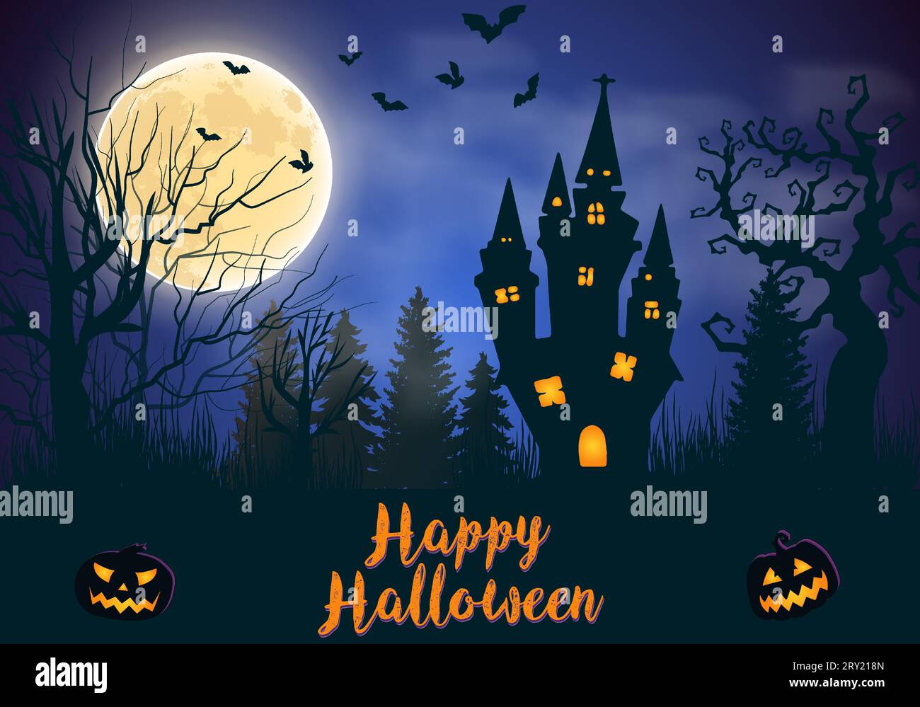 Happy halloween background with scary forest and haunted house Stock ...