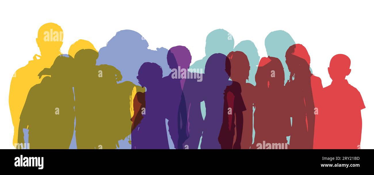 Colorful silhouettes of many groups of children as friends and as a ...