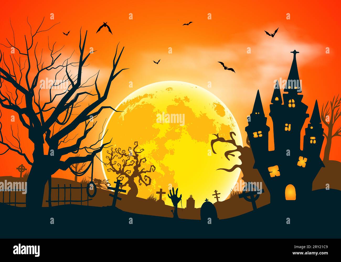 Halloween background of creepy night landscape with dead tree and full ...