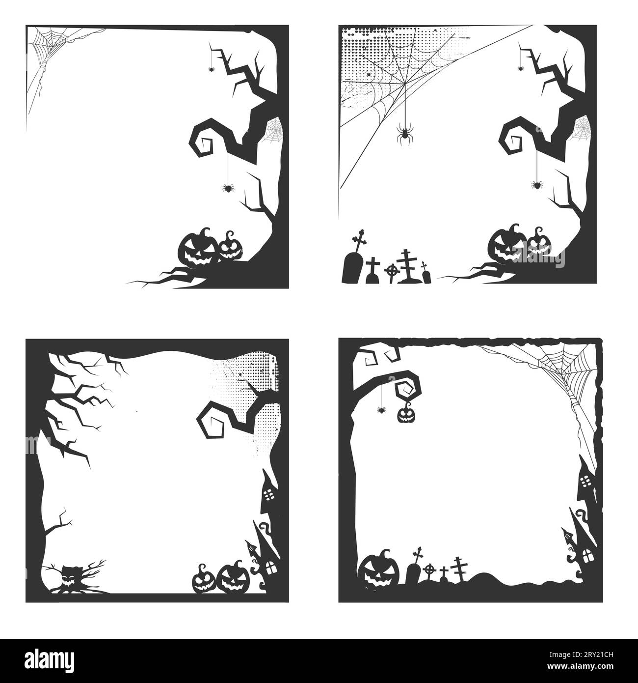 Halloween grunge frame border with creepy tree and haunted house Stock ...