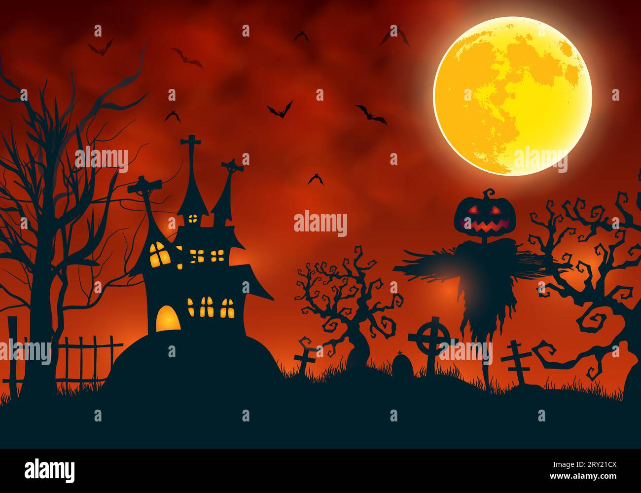 Background illustration of halloween with creepy scarecrow and scary ...