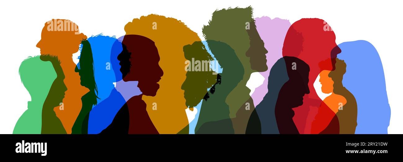Colorful silhouettes of many people in profile overlay each other as a ...