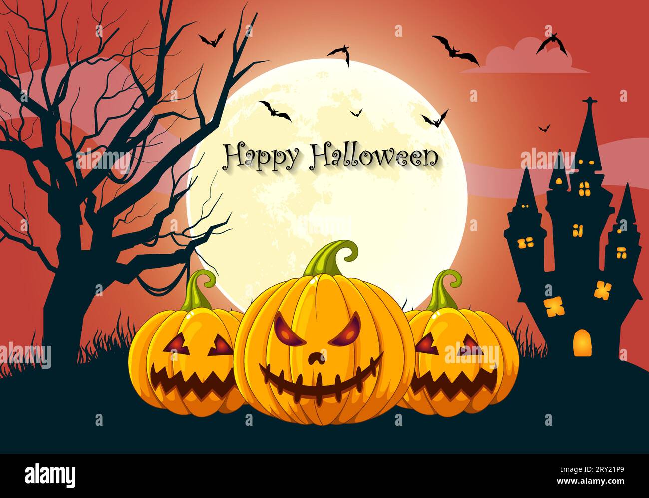 Halloween background with halloween scary pumpkins full moon and ...