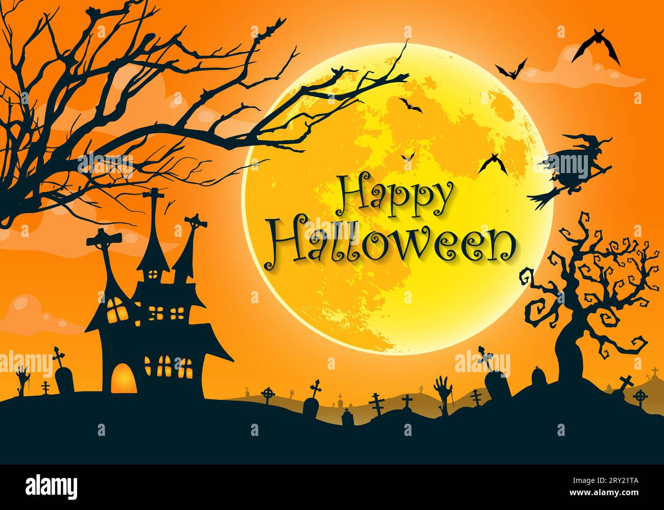 Halloween background of creepy night landscape with dead tree and full ...