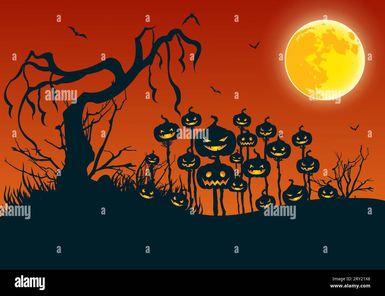Happy halloween flat background with scary dead tree full moon and ...