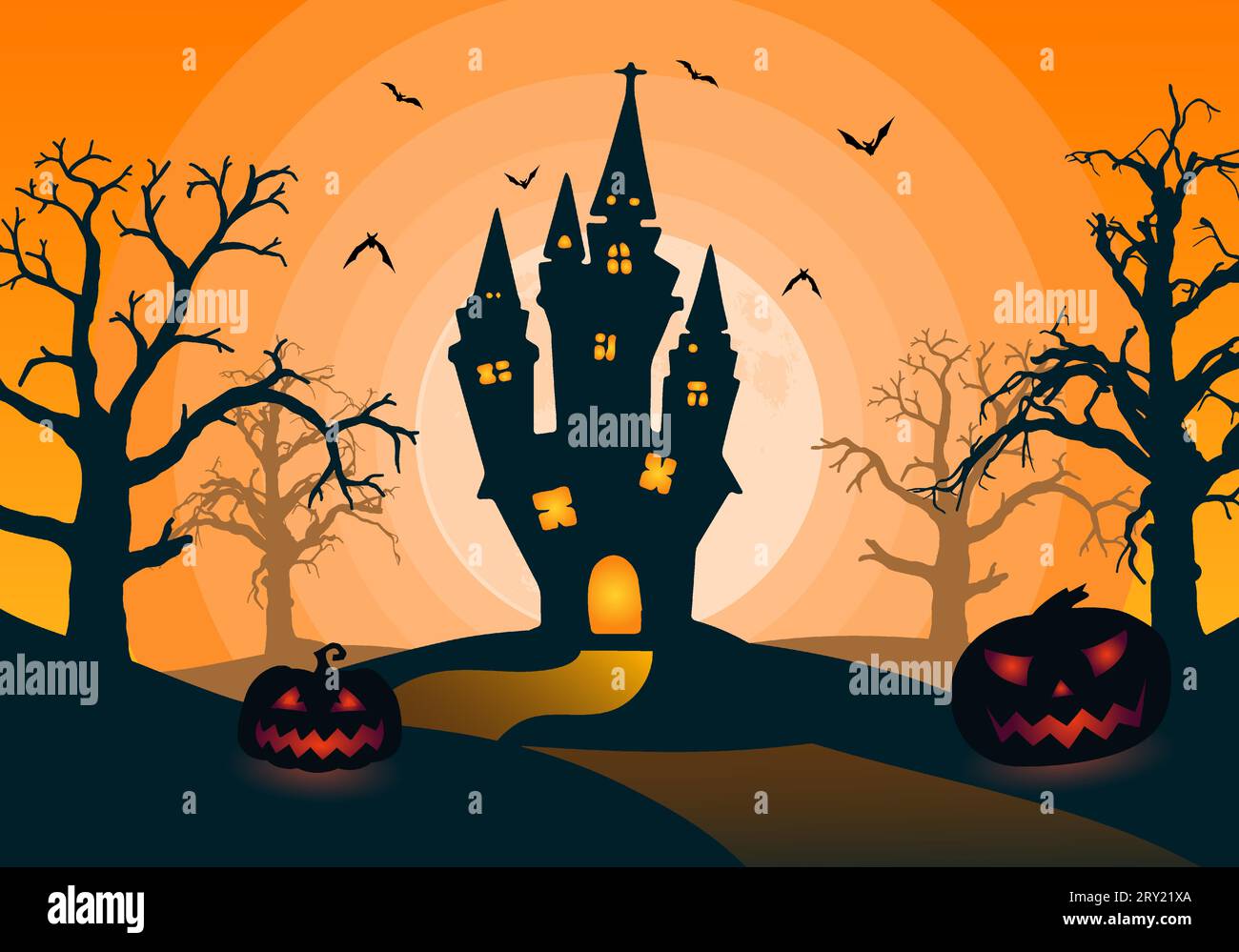 Happy halloween background illustration with creepy night landscape of ...