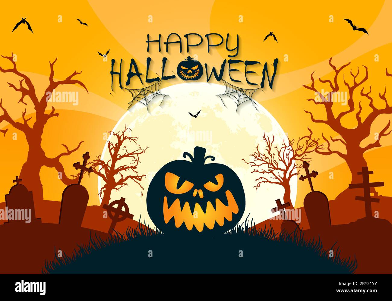 Orange Background of halloween with creepy tree and scary pumpkins ...