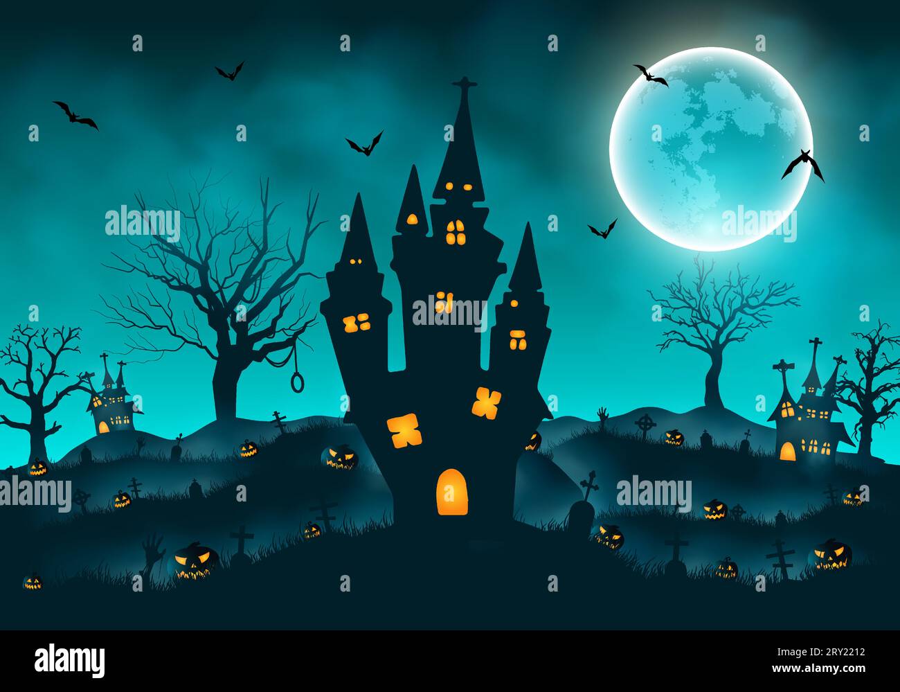 Halloween background with old cemetery gravestones spooky dark blue fog clouds dead tree and ...