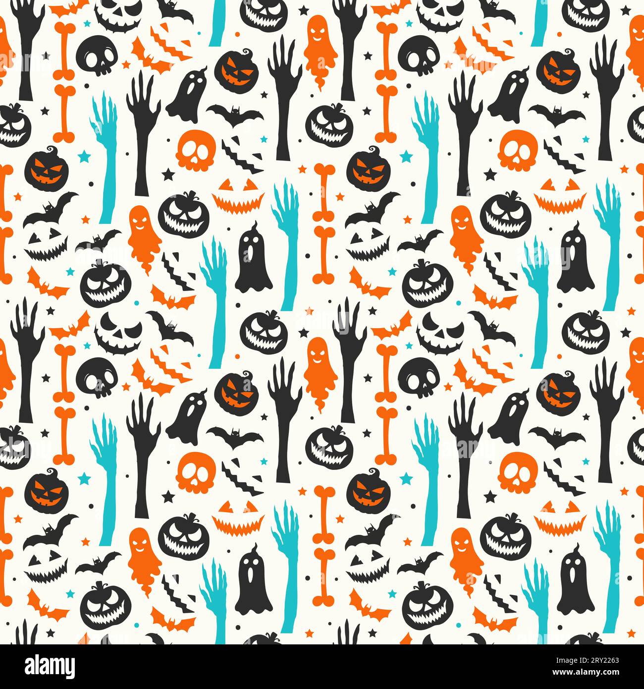 Halloween colorful seamless flat pattern with pumpkins flying bats ...