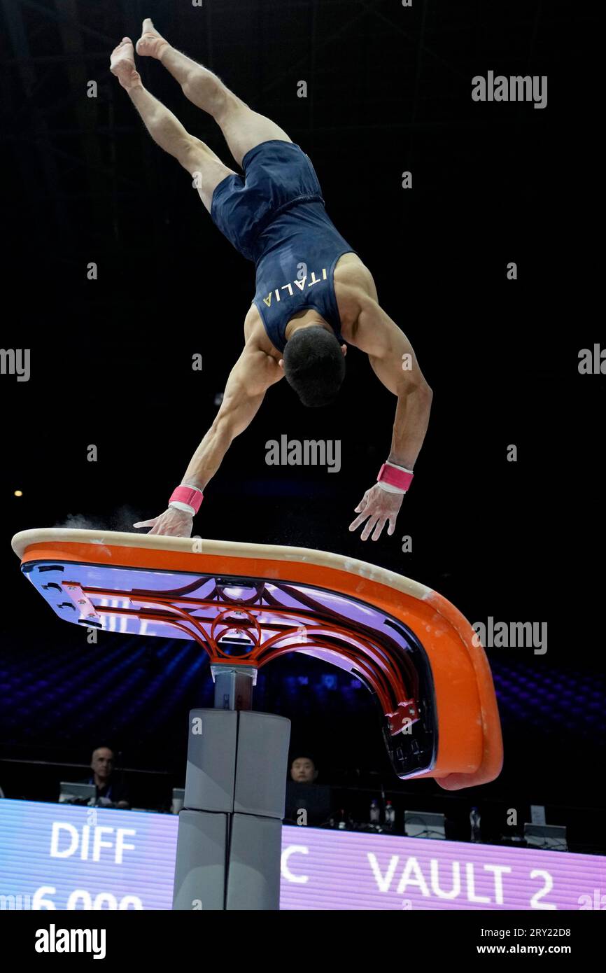 Italy's Yumin Abbadini on the vault during podium training at the ...