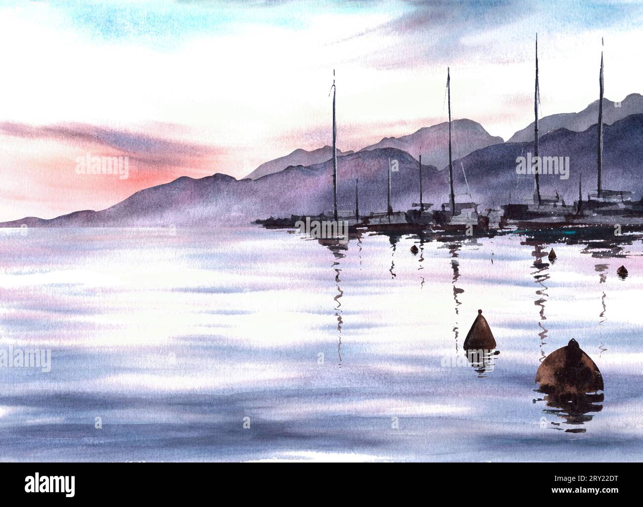 Adriatic sea watercolor landscape with silhouette of mountains, port ...