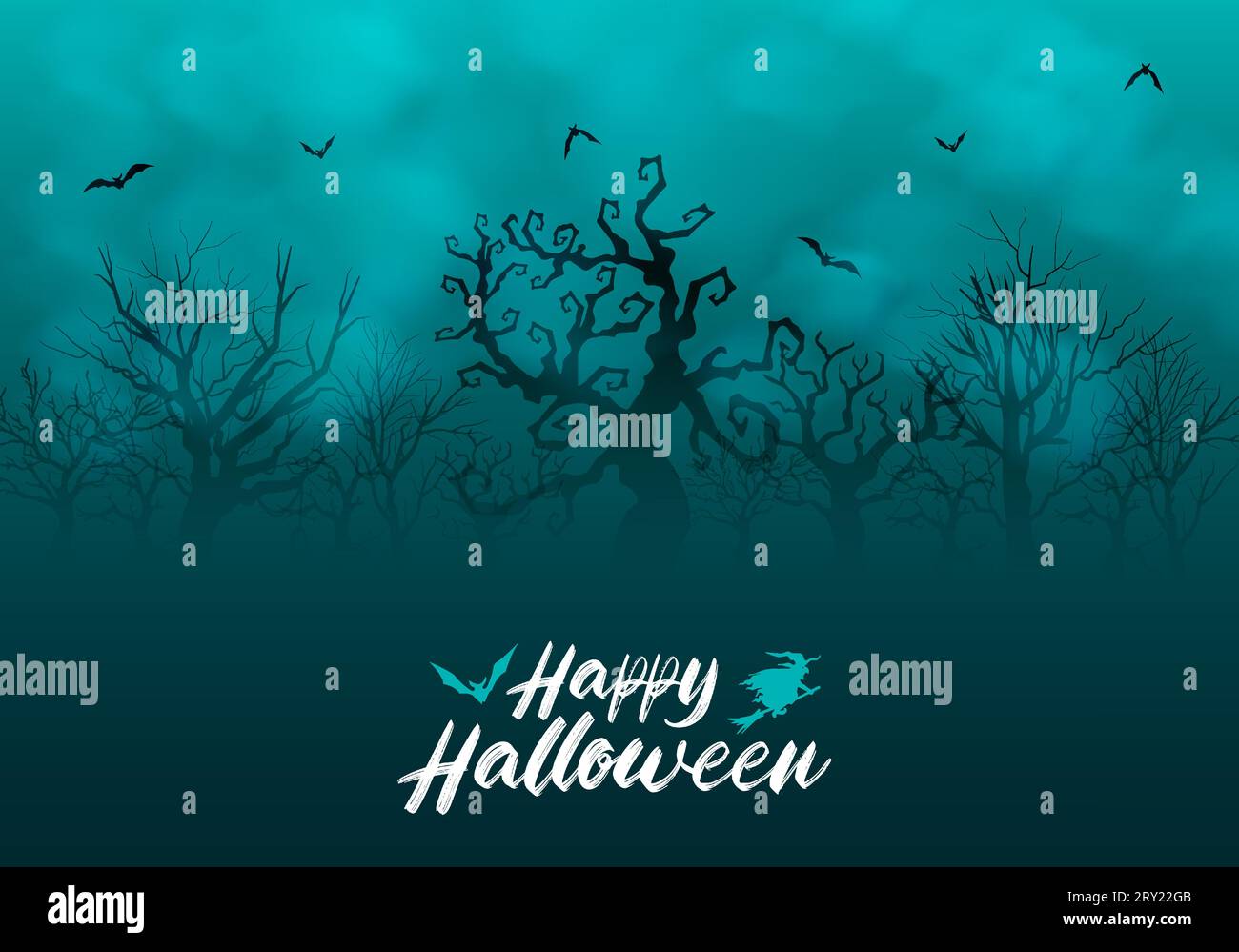 Happy halloween spooky background with dead tree forest and flying bats ...