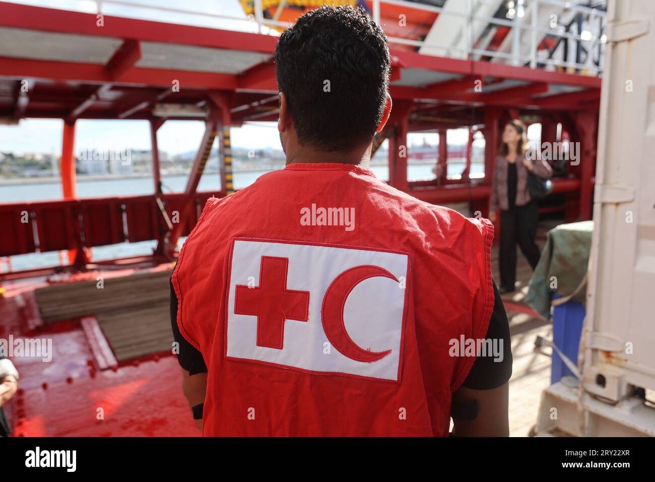 View of a Red Cross and Red Crescent member on the humanitarian and ...