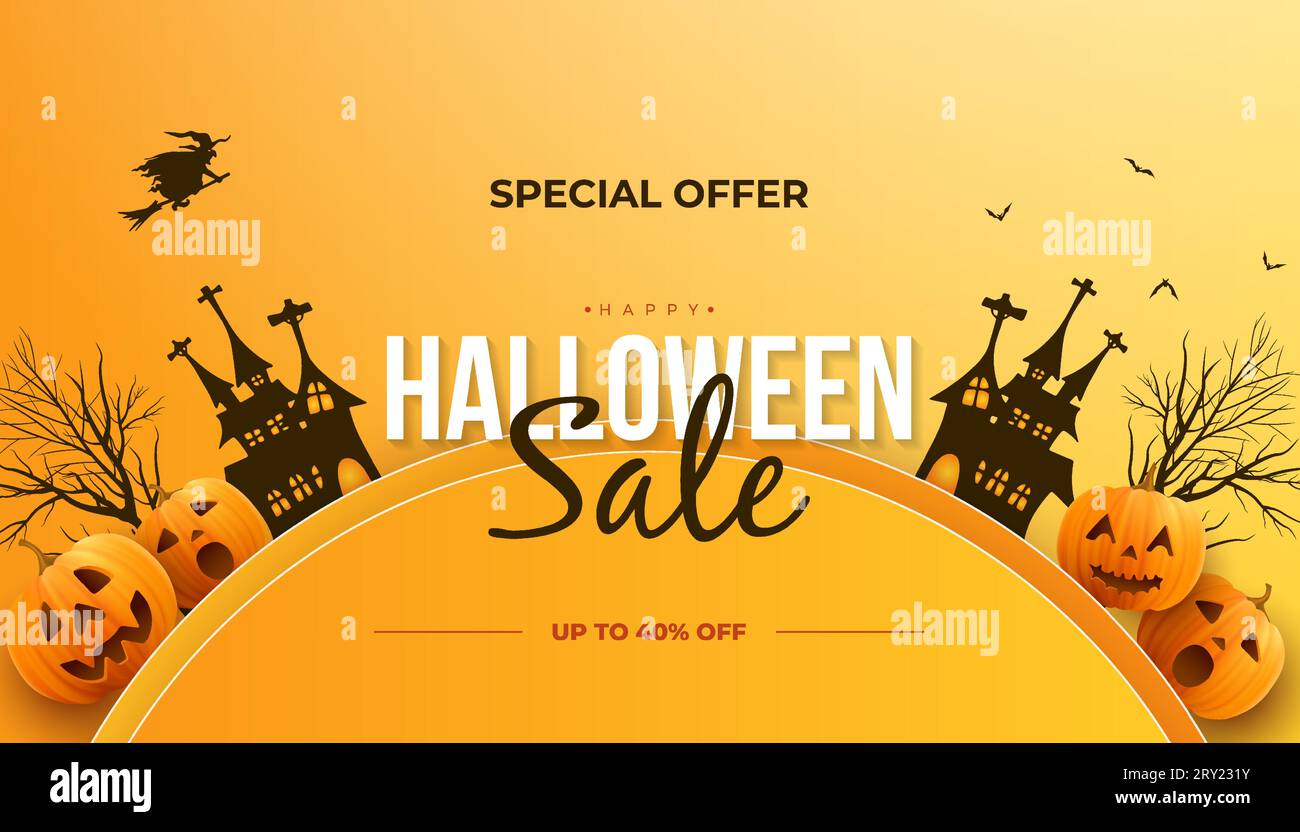 Halloween horizontal sale banner header with halloween haunted house ...
