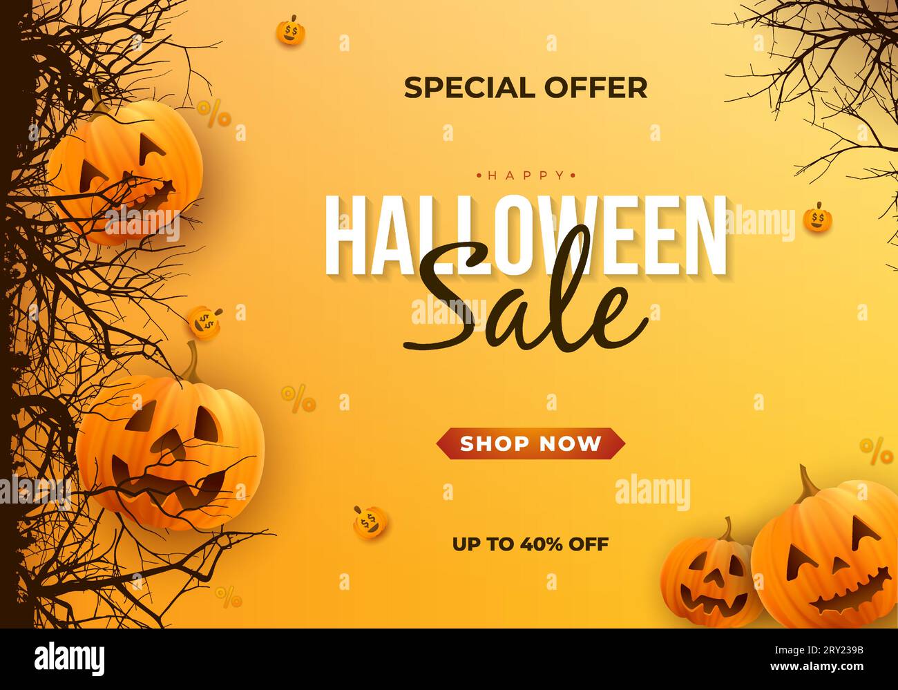Happy halloween horizontal sale banner for promotion with realistic ...